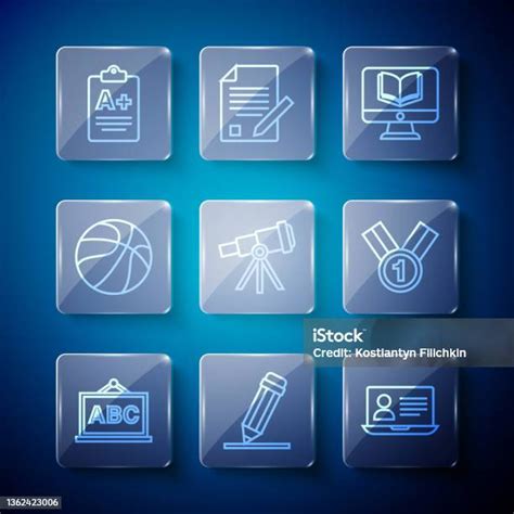 세트 라인 칠판 지우개를 가진 연필 온라인 클래스 망원경 농구 공 시험 시트 A 플러스 등급 및 메달 아이콘 벡터 개념에 대한 스톡 벡터 아트 및 기타 이미지 Istock