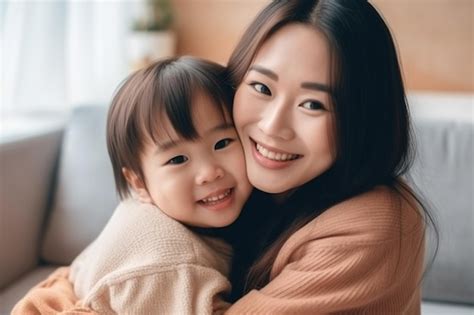 Una Madre Y Su Hijo Abrazados En Un Sofá Foto Premium