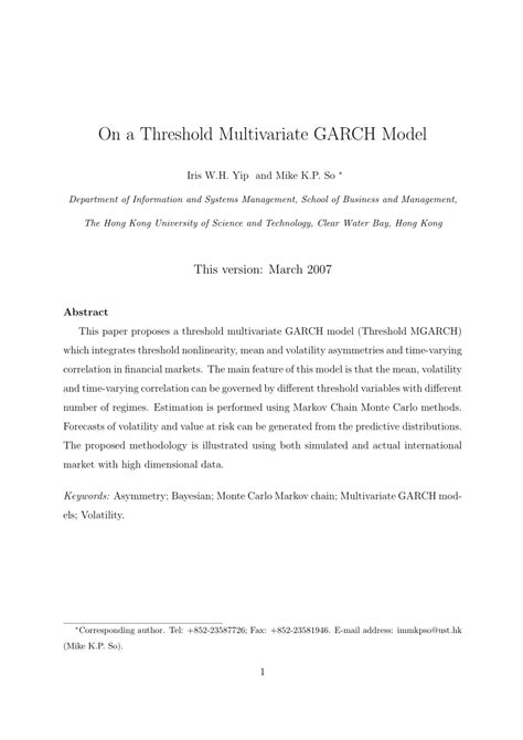 Pdf On A Threshold Multivariate Garch Model