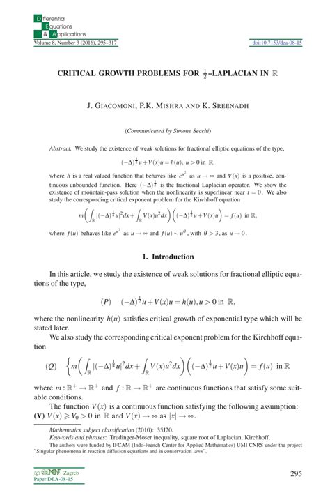 Pdf Critical Growth Problems For ½ Laplacian In ℝ