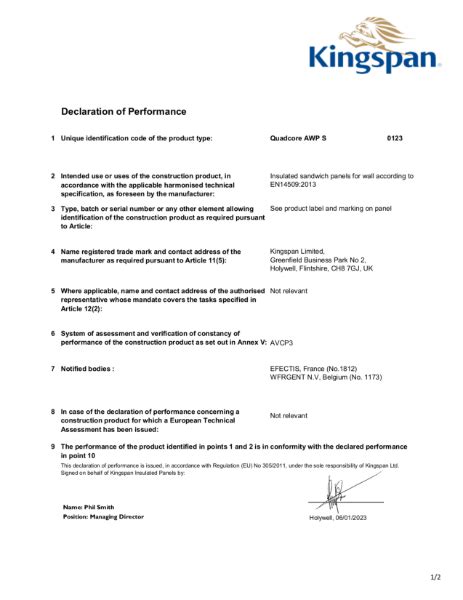 Declaration Of Performance Quadcore Kingspan Awp S Wall Panel