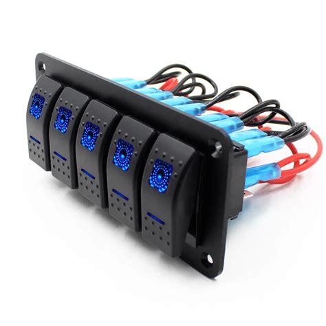 12V 24V 5 Gang Blue Rocker Switch Panel Circuit Breaker Boat Marine IP67 Switch Panel