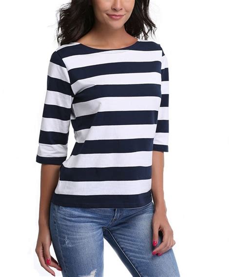 Womens Round Neck 3 4 Sleeves Striped Casual Tee T Shirt Dark Blue