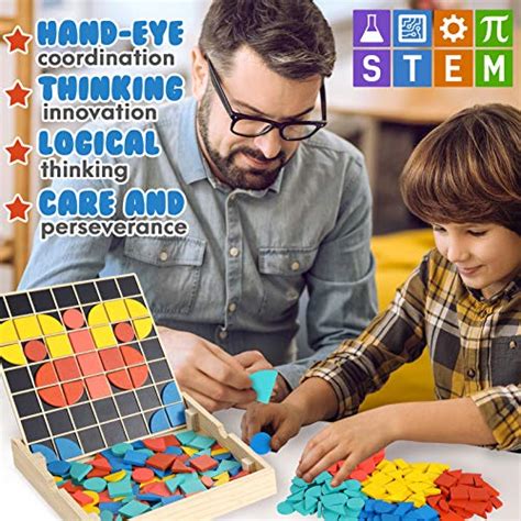 Wooden Pattern Blocks Set And Board 4 In 1 Geometric Shape Mosaic