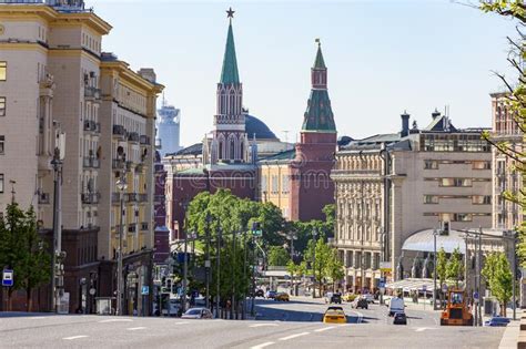 Tverskaya Street And Kremlin Towers In Center Of Moscow Russia