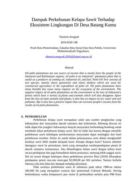 Pdf Dampak Perkebunan Kelapa Sawit Terhadap