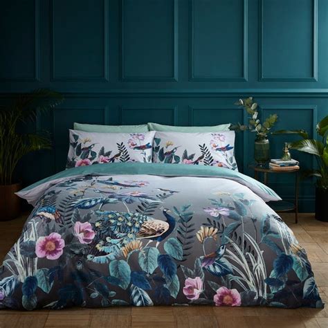 Peacock Gardenia Grey 100 Cotton Duvet Cover And Pillowcase Set Dunelm