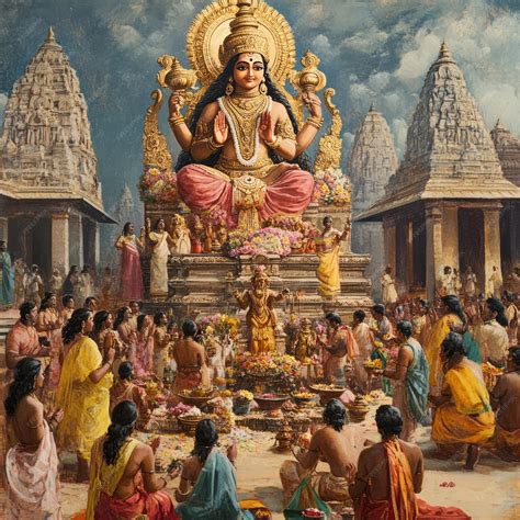 印度教神拉克什米 Lakshmi 坐在寶座上 崇拜者在寺廟前獻花和祈禱 Premium Ai Generated Image