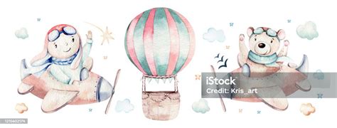 수채화 풍선 세트 아기 만화 귀여운 파일럿 항공 일러스트 레이션 기린과 코끼리 코알라 곰과 새 구름과 하늘 수송 풍선 유치한 아기 소년 샤워 삽화 관광에 대한 스톡 벡터