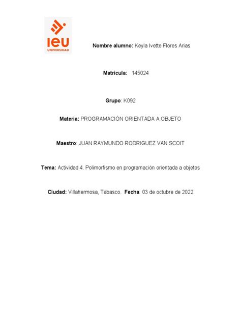 Actividad 4 Polimorfismo En Programación Orientada A Objetos Pdf