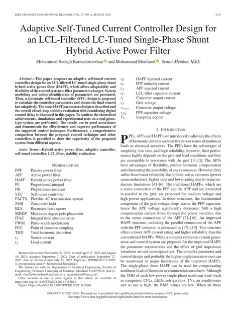 Adaptive Self Tuned Current Controller Design For An Lcl Filtered Lc