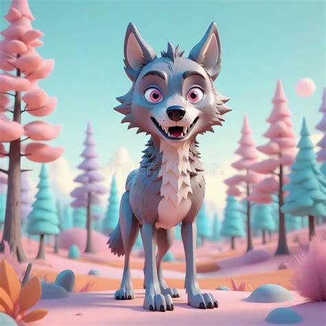 Friendly Cartoon Wolf In A Whimsical Forest Stock Illustration