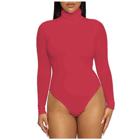 Tqwqt Womens Mock Turtle Neck Long Sleeve Tops Bodysuit Jumpsuit