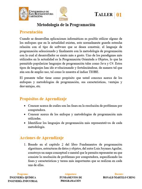 01 Taller Metodología De La Programación Pdf Programación De Computadoras Lenguaje De