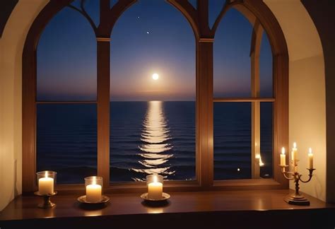 A Crescent Moon Over A Calm Ocean At Night Viewed Through An Arched