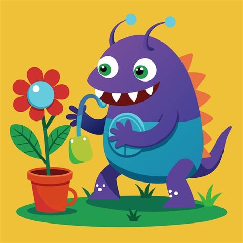 Premium Photo Monster Giving Water To Flower Plant Vector Cartoon Illustration