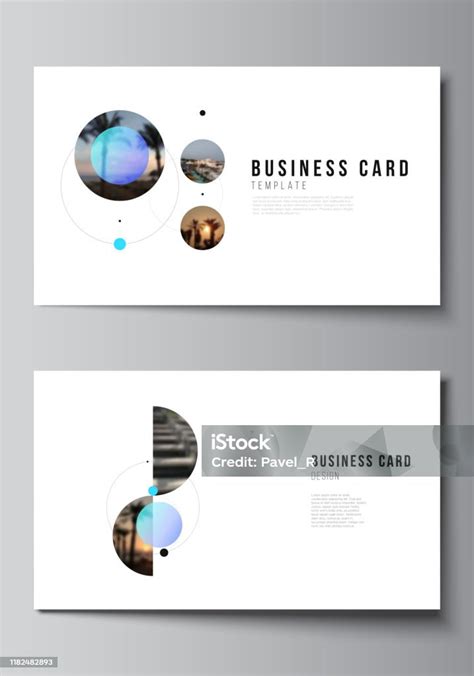 두 개의 창조적 인 명함 디자인 템플릿의 최소 추상 벡터 레이아웃 심플한 디자인의 미래지향적인 컨셉 행성과 별을 형성하는 원과 둥근 모양의 창조적 인 배경 명함에 대한 스톡