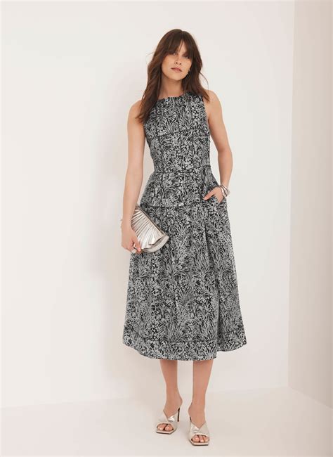 Navy Floral Print Drop Waist Midi Dress Mint Velvet