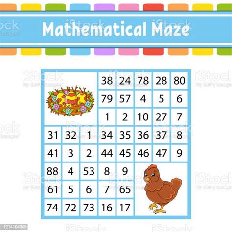 수학 미로 아이들을위한 게임 숫자 미로 교육 개발 워크 시트 활동 페이지 아이들을위한 퍼즐 만화 캐릭터 부활절 테마입니다 색상 벡터 일러스트레이션 교육에 대한 스톡 벡터