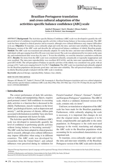 Pdf Brazilian Portuguese Translation And Cross Cultural Adaptation Of The Activities Specific
