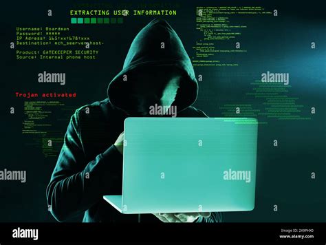 Person Laptop And Portrait On Dark Background For Hacking Phishing And Malware Distribution