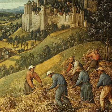 A Group Of Medieval Peasants Harvesting Crops In A Lush Green Field1