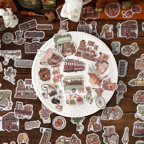 유니일기 빈티지 다꾸 다이어리 꾸미기 가방 여행 버스 커피 소품 스티커 4종 40매 위시버킷