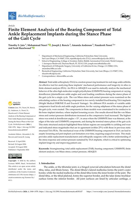 Pdf Finite Element Analysis Of The Bearing Component Of Total Ankle Replacement Implants