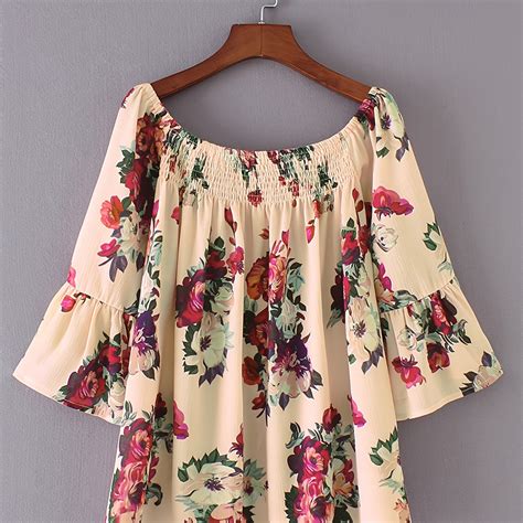 Floral Print Shirred Off The Shoulder Shirt Womens Off Shoulder