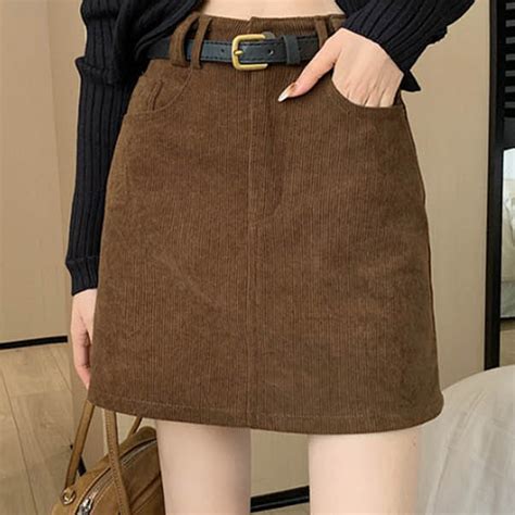 하이웨스트 골지 코듀로이 골덴치마 미니스커트 벨트 슬림핏 여자 A라인 무지 블랙 브라운 에이블리
