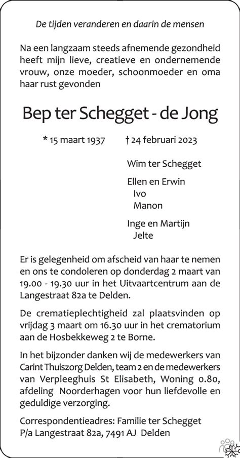 Bep Ter Schegget De Jong 24 02 2023 Overlijdensbericht En Condoleances