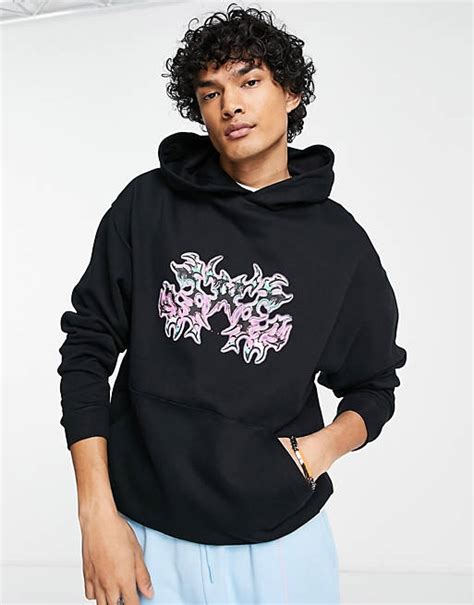 Asos Design Oversize Kapuzenpullover In Schwarz Mit Print Vorne Asos