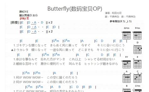 和田光司《butterfly》吉他谱e调吉他弹唱谱和弦谱 打谱啦
