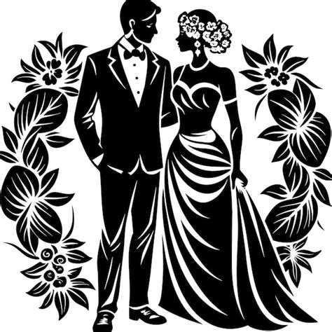 Un Dibujo En Blanco Y Negro De Una Pareja En Tuxedos Y Un Marco Floral