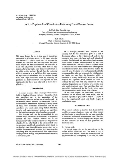 Active Peg In Hole Of Chamferless Parts Using Force Moment Sensor Pdf Force Robot