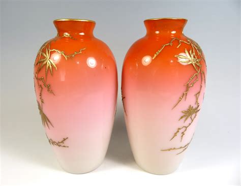 Pair Of Orange Peachblow Gilded Uranium Glass Vases