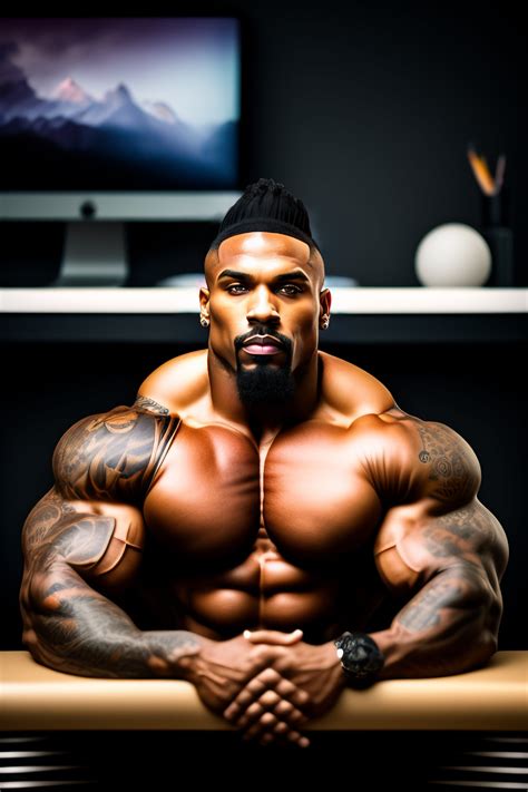 Lexica Tattooed Bodybuilder Sitting Behind A Desk Serm From Behind