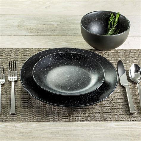 Sango Maui 12 Piece Casual Black Stoneware Dinnerware Set Service For