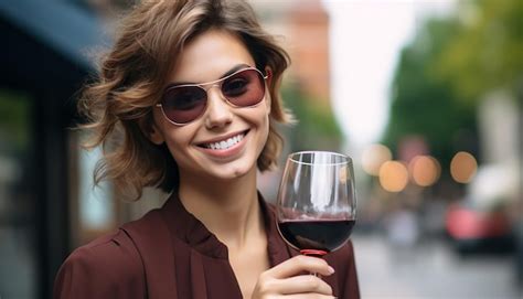 Smiling Woman Enjoys Wine Outdoors Radiating Happiness Generated By Ai