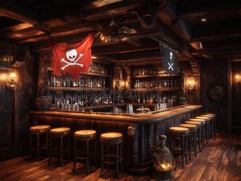 Dark Pirate Themed Bar Features Ship Decor Wooden Bar Area With Rum