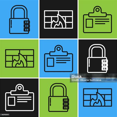Set Line Safe Combination Lock Identification Badge And Firewall Security Wall Icon Vector Stock