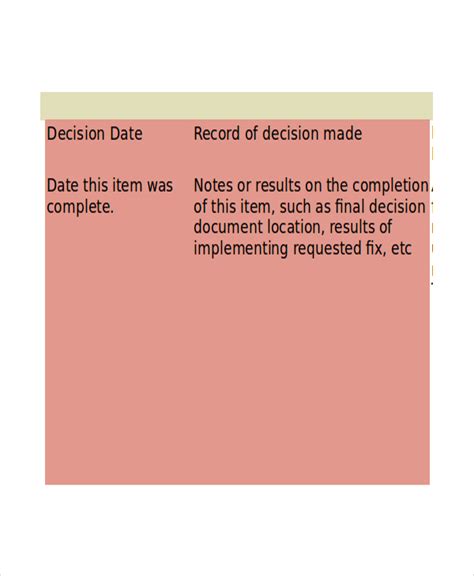 Decision Log Template Free Log Templates