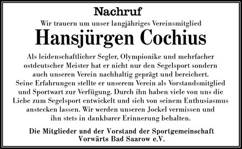 Traueranzeigen Von Hansjürgen Cochius Märkische Onlinezeitung Trauerportal