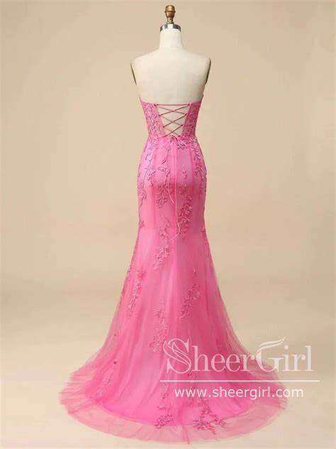 Strapless Hot Pink Mermaid Prom Dresses Corset Back Pageant Formal Dre