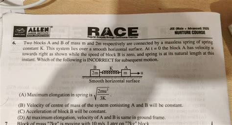 1 Jee Main Advanced 2025 Nurture Course 6 Two Blocks A And B Of Mass