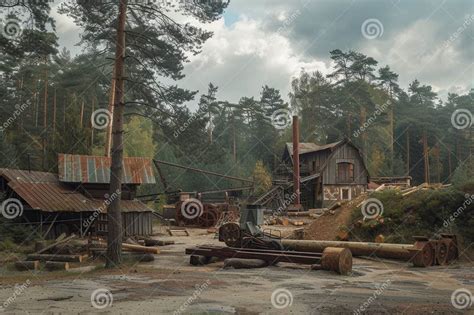 Sawmill Sawmill Buildings With Equipment With Logs In The Forest Stock