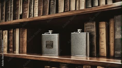 Generative Ai Hip Flask Lying In A Vintage Library Shiny Steel Pocket