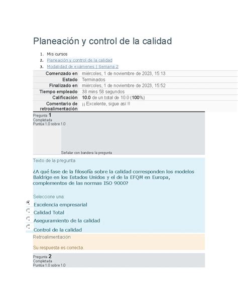 Planeación y control de la calidad examen semana 4 Planeación y