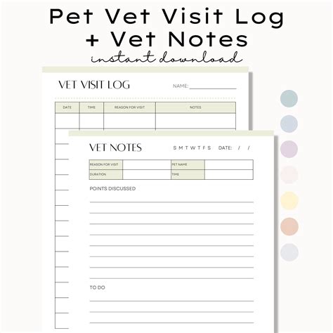 Printable Pet Vet Visit Log Vet Notes Dog Vet Visit Cat Vet Visit