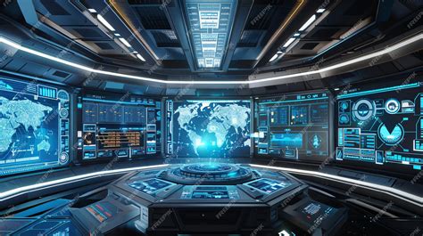 Futuristic Control Room With Digital Monitors Displaying Data And A World Map Premium Ai